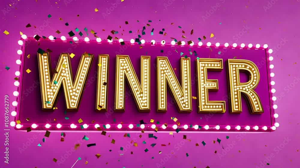 Winner Sign with Sparkling Lights on Pink Background with Gold and ...