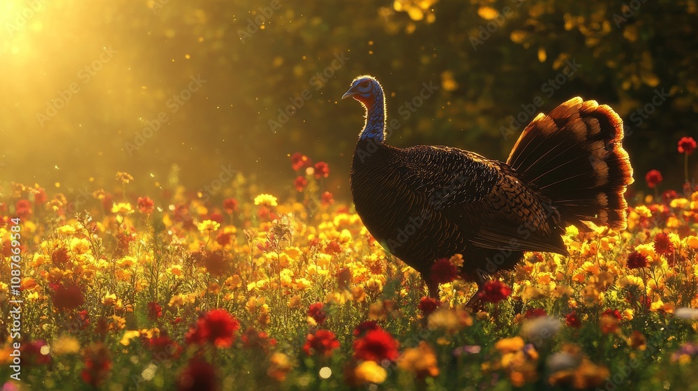 Wild Turkey in Vibrant Wildflower Meadow at Sunrise - Majestic wild ...