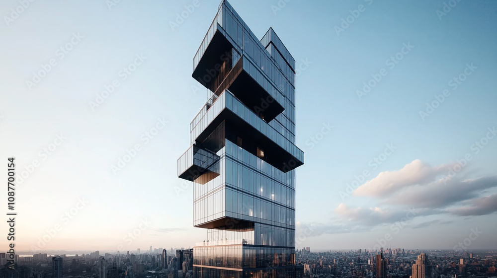 Modern skyscraper with staggered glass architecture under a clear blue ...
