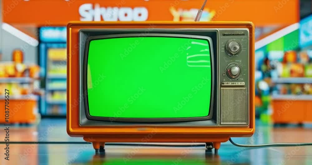 A vintage orange TV showcases a green screen mock-up, featuring a ...