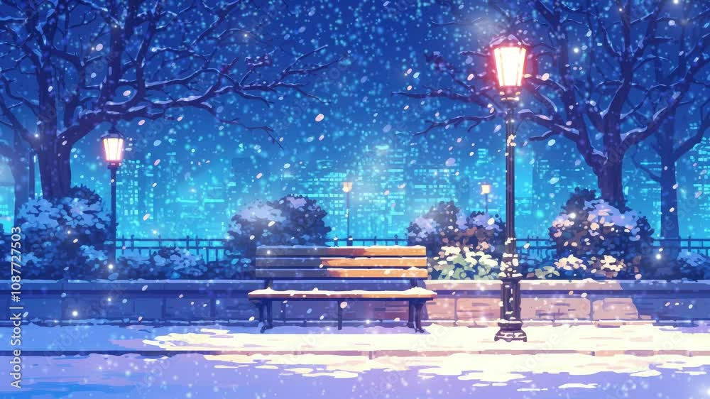 A serene park lit by streetlights as snowflakes gracefully fall. stream ...