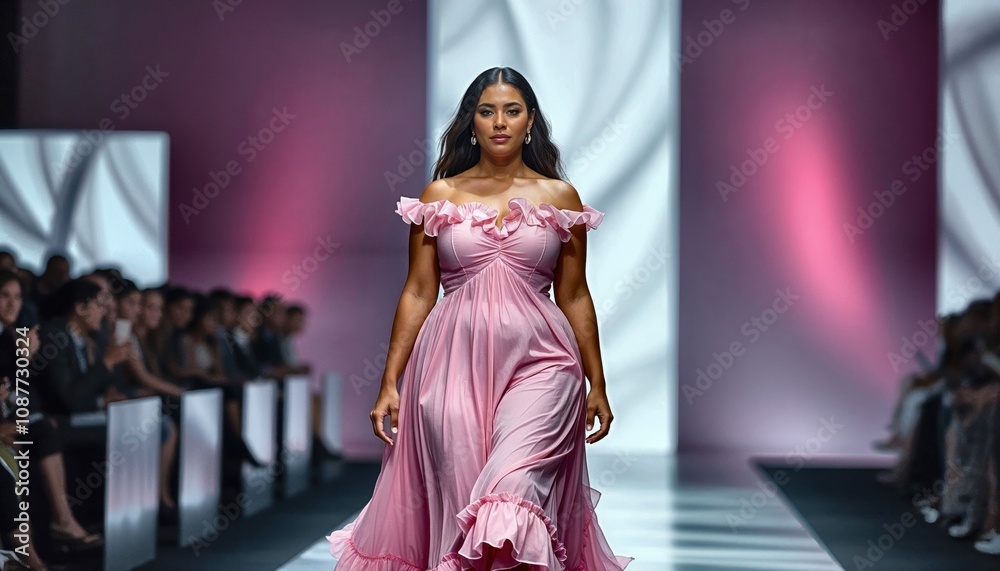 Confident plus-size model wearing flowing pink evening gown on fashion ...