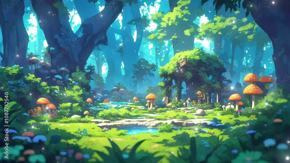 vibrant forest with colorful mushrooms and serene water paths invites ...