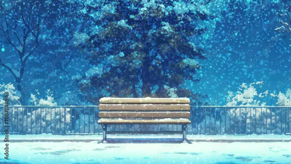 Winter serenity envelops a park bench under softly falling snow in the ...