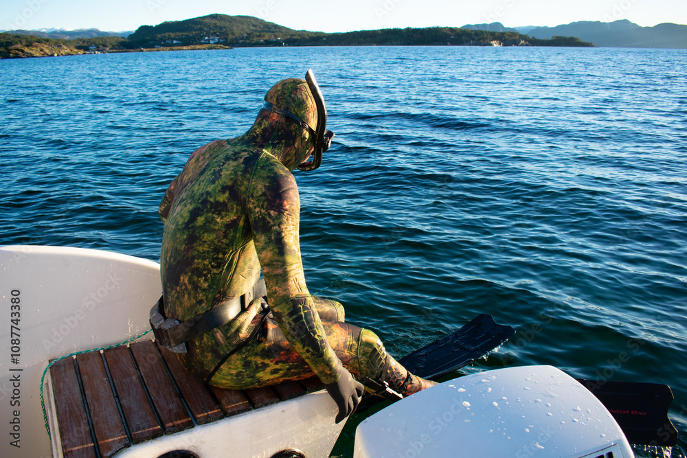 Diver in Scuba wetsuit jumping off a boat to Snorkel – Norway Vacations ...