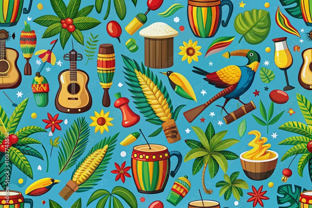 Vibrant Rasta Colors Pattern Featuring Rum, Ackee Fruit, Hummingbirds ...