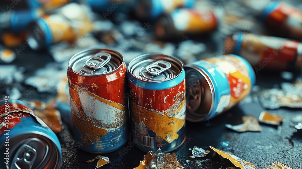 A creative setup of cans with their labels partially peeled off ...