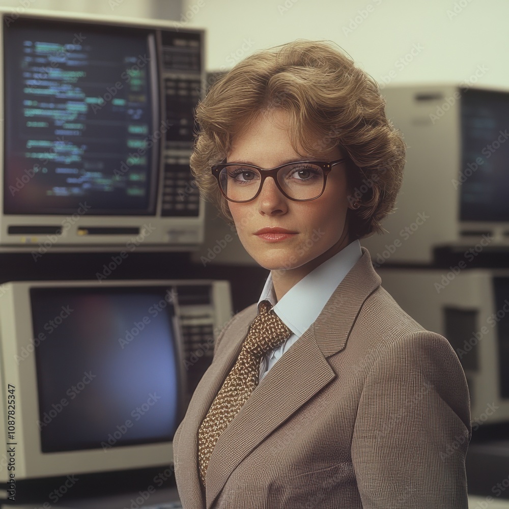 Professional woman in 1980s office attire, standing confidently in a ...