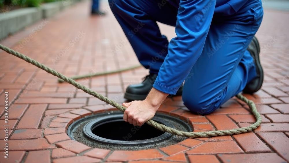 A worker kneels beside a manhole, gripping a thick rope, ready to lower ...