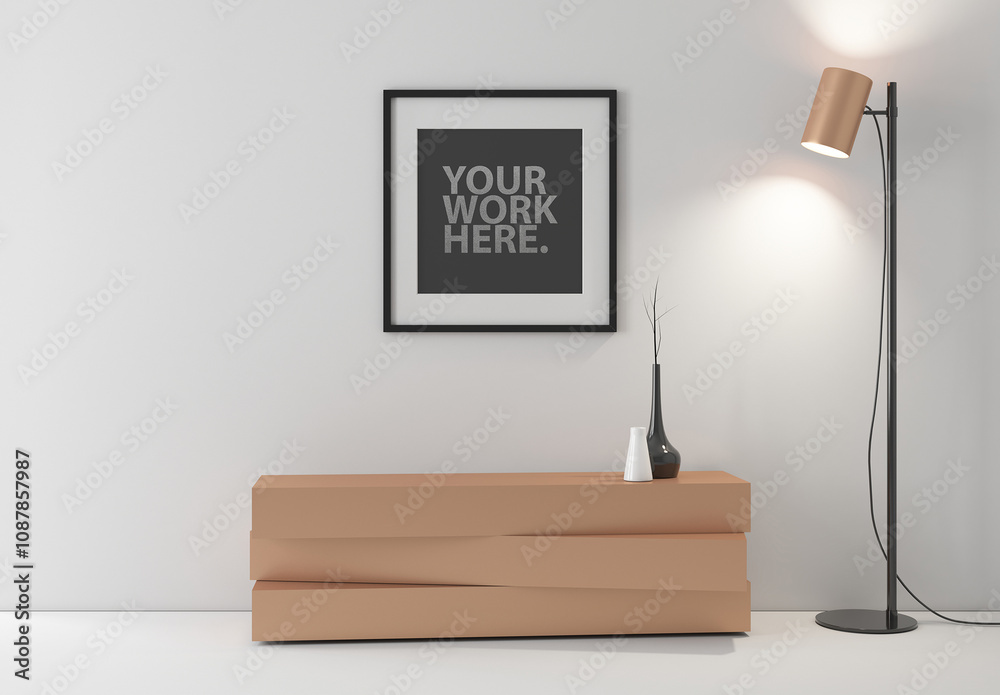 Square poster black frame with passepartout mockup hanging on wall in ...