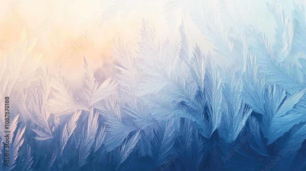 Intricate icy patterns on a frosty window with hues of blue and warm ...