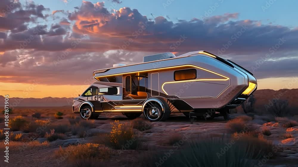 Futuristic Campervan at Sunset: Sleek, silver campervan parked on ...
