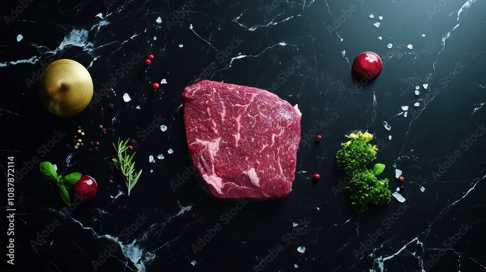 A luxurious cut of premium Wagyu beef on a sleek marble surface ...