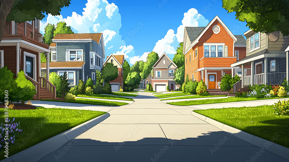 A suburban cityscape background featuring a modern cartoon town design ...