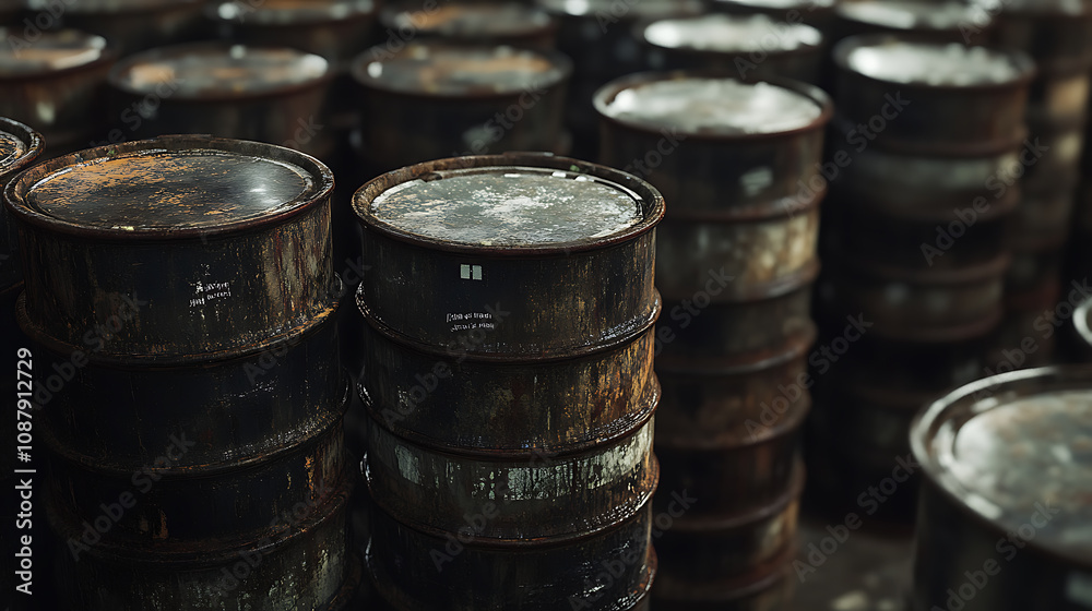 Oil barrels or chemical drums stacked up, indicating hazardous waste ...