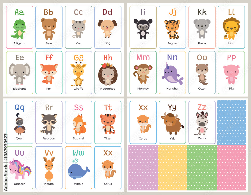 Cute animal alphabet cards printable template. Children ABC flash card ...