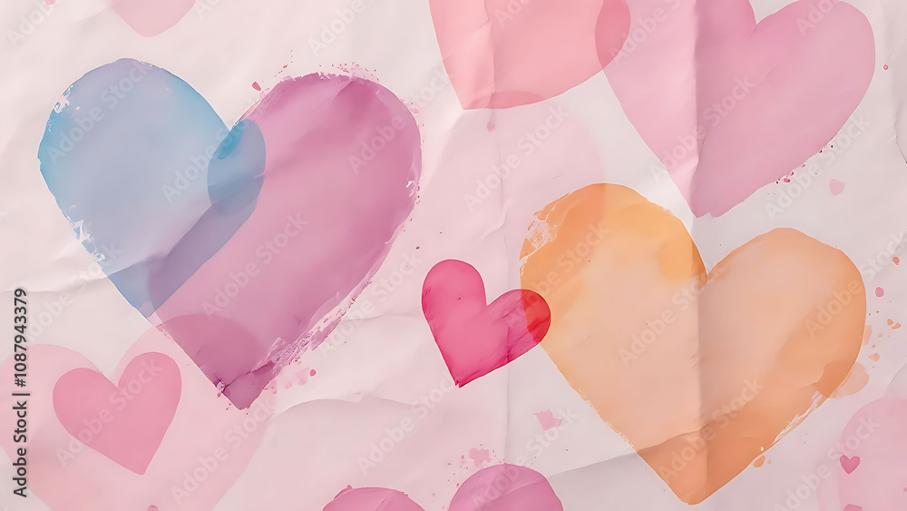 Overlapping pastel heart prints on crumpled tissue paper with water ...