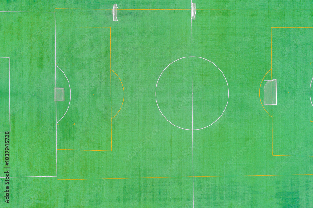 artificial grass soccer field after a training session, aerial overhead ...