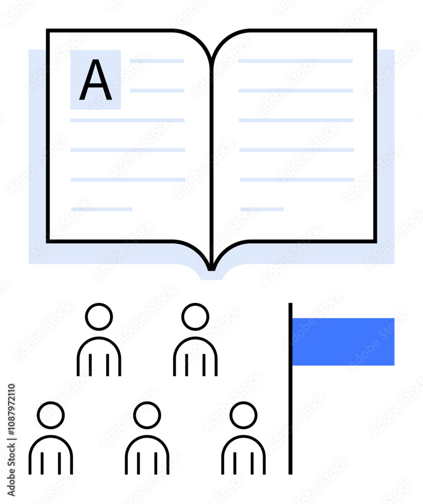 Open book with text, six simple people icons underneath, and a blue ...