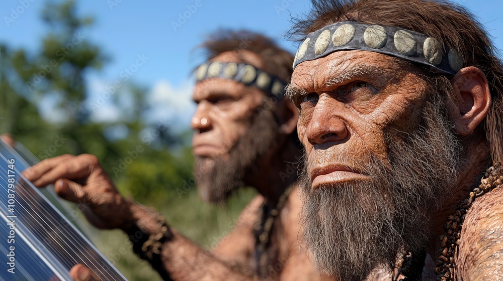 Two male Neanderthals with intense expressions, featuring detailed ...