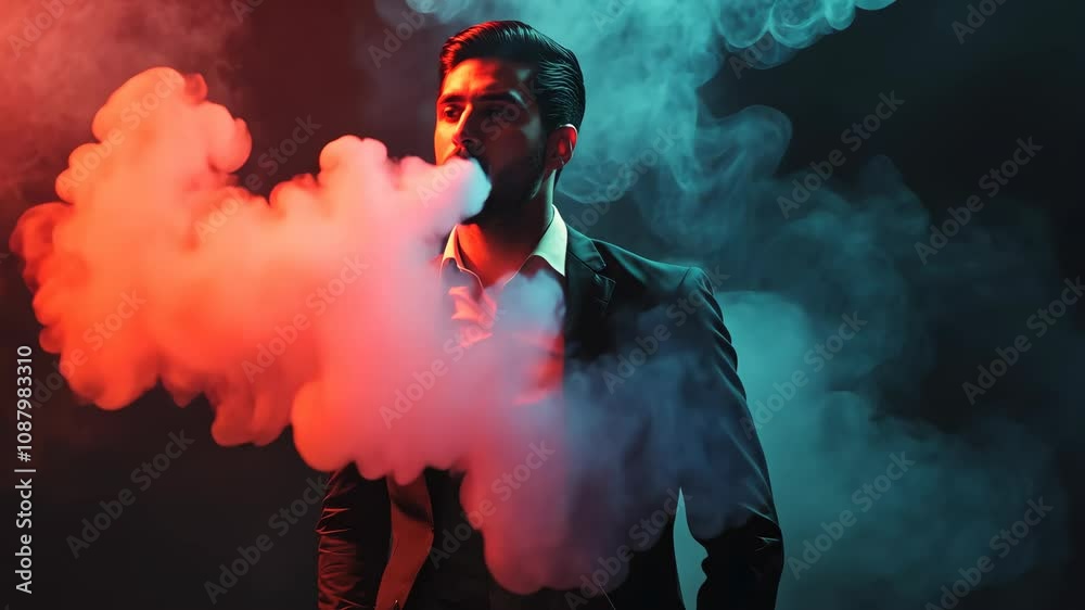 A man in a suit is smoking a cigarette in a dark room with red and blue ...