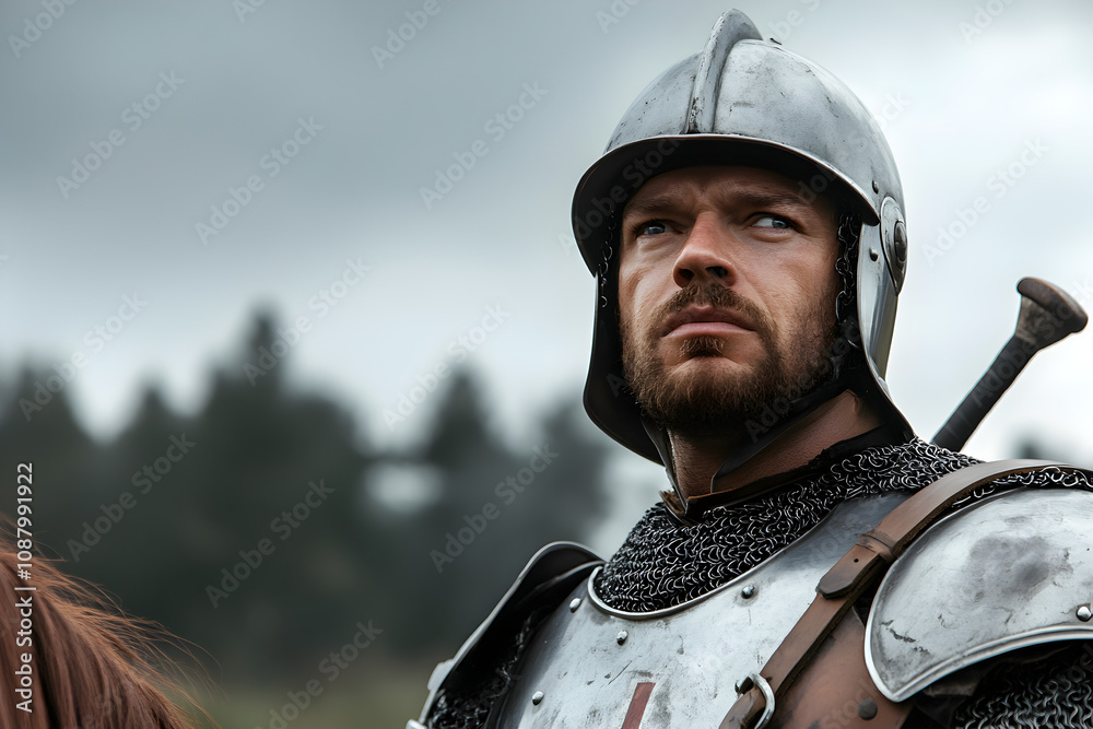 A heavy cavalry knight in full armor and mounted on a horse, ready for ...