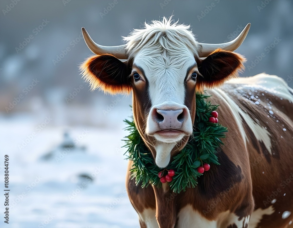 Cute cow cattle heifer bull highland longhorn with horns at Christmas ...