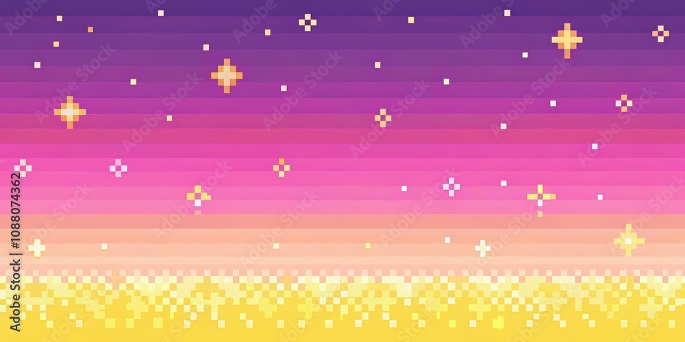 8-bit pixel art sky with pink to lemon gradient bands and shiny ...