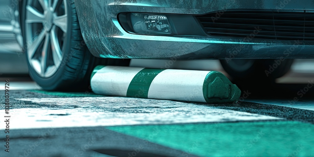 Car bending a white and green safety traffic post with the front bumper ...