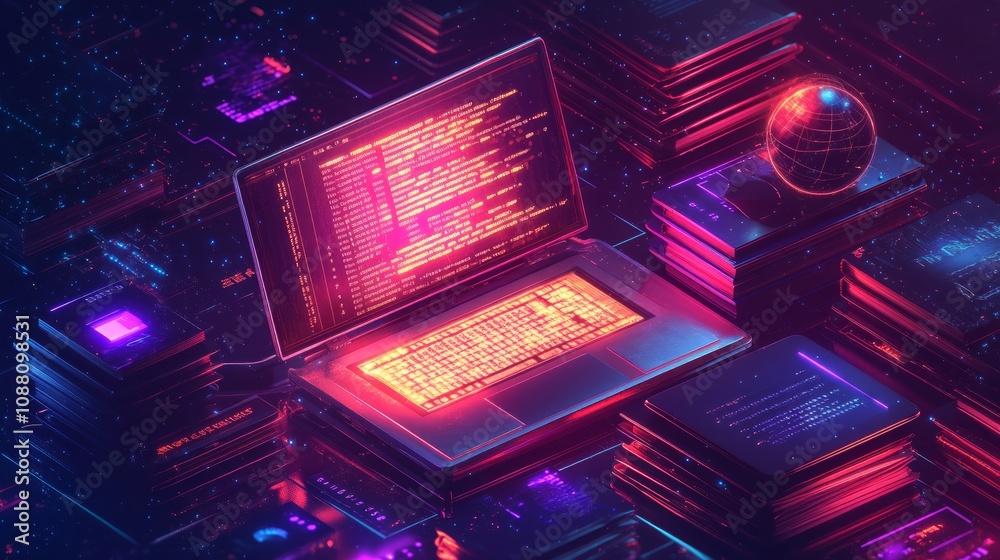 Laptop displaying code on a futuristic, glowing circuit board with a ...