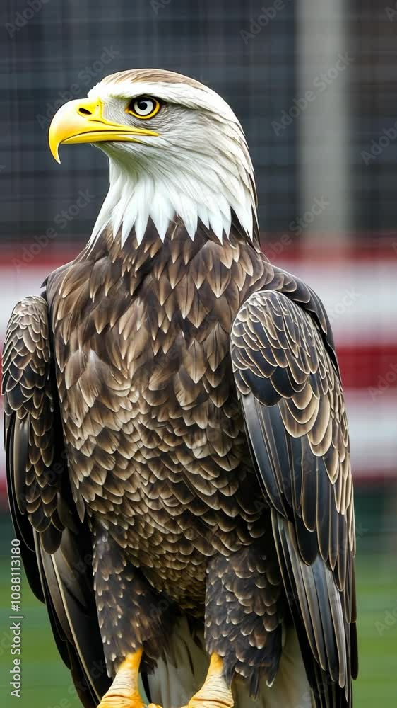 A bald eagle stands alert, its powerful body and impressive wingspan ...