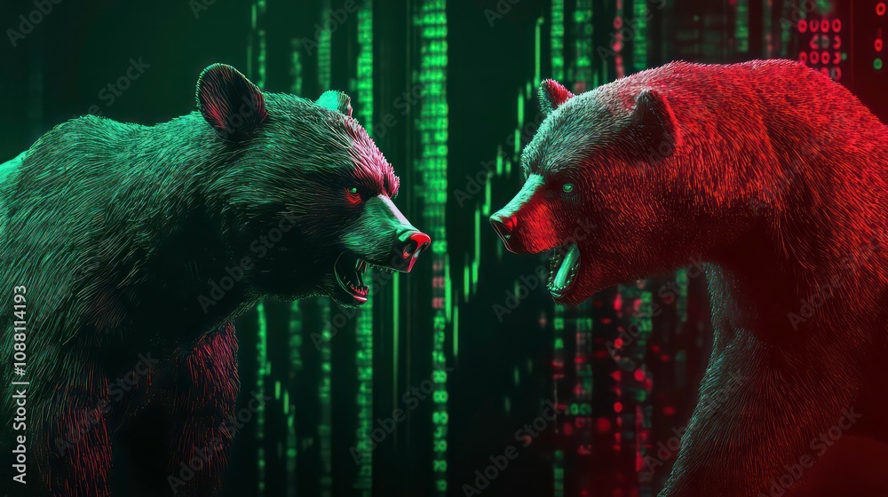 Two angry bears face each other, symbolizing a bull and bear market ...