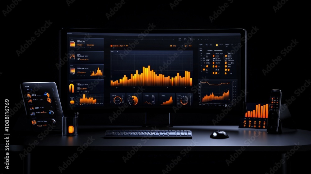 Dark Mode Dashboard: A sleek, modern workspace displays an array of ...
