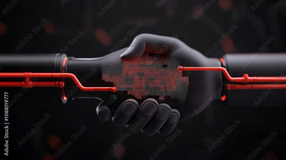 Cybernetic Handshake: A dramatic 3D render of two robotic hands clasped ...