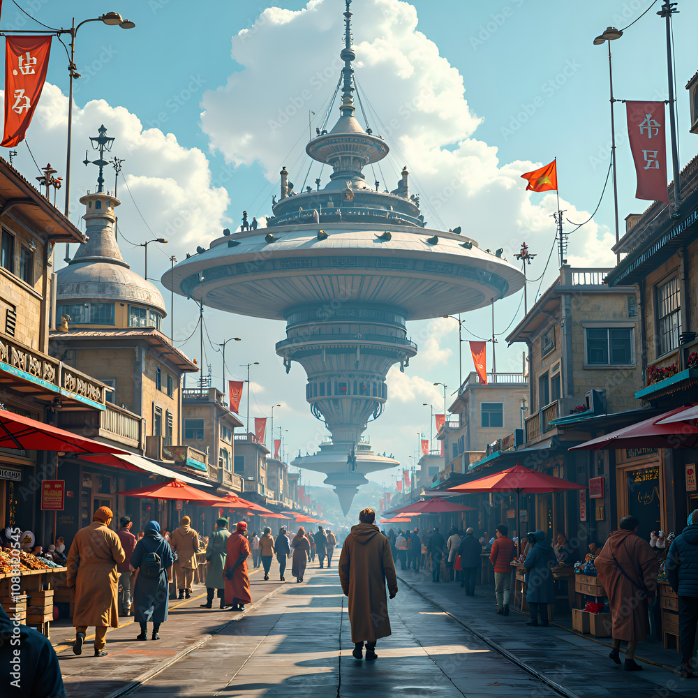 Vibrant marketplace under floating structures a futuristic vision of ...