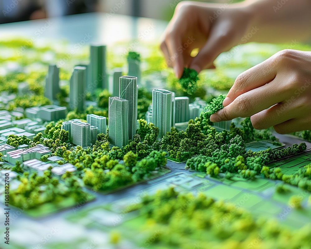 Closeup of an urban planner creating a detailed model with greenery ...