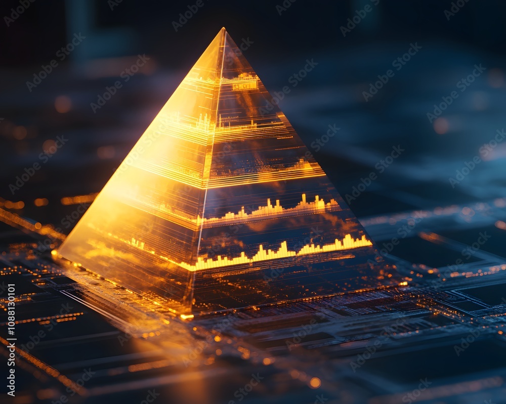 A glowing, transparent pyramid sits atop a high-tech surface, blending ...