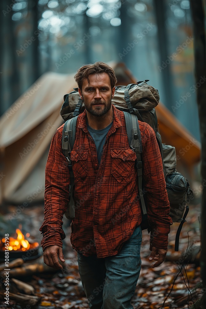 Rugged Man with Short Beard in Red Flannel Shirt and Backpack Walking ...