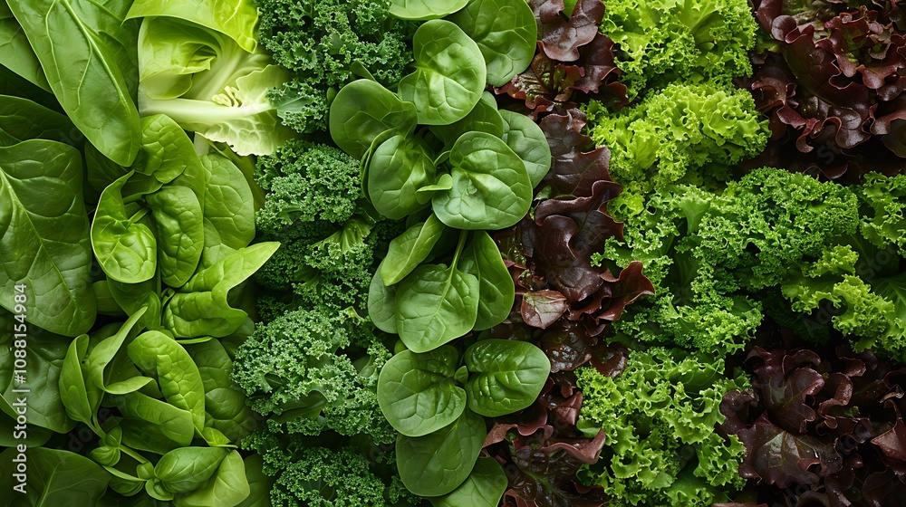 A detailed photo of an assortment of leafy greens like spinach and kale ...