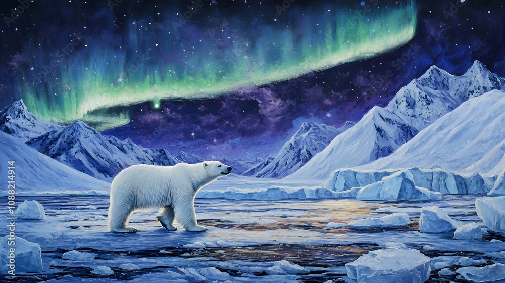 Arctic landscape with glaciers, polar bears walking across the icy ...