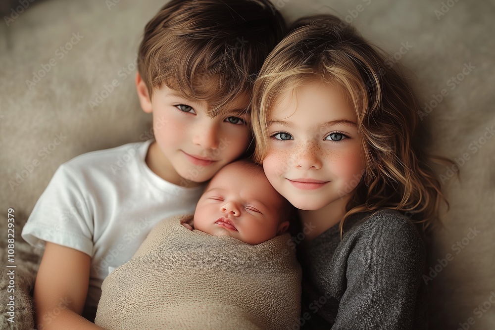 Brother and sister in a studio with soft lighting that gives a gentle ...