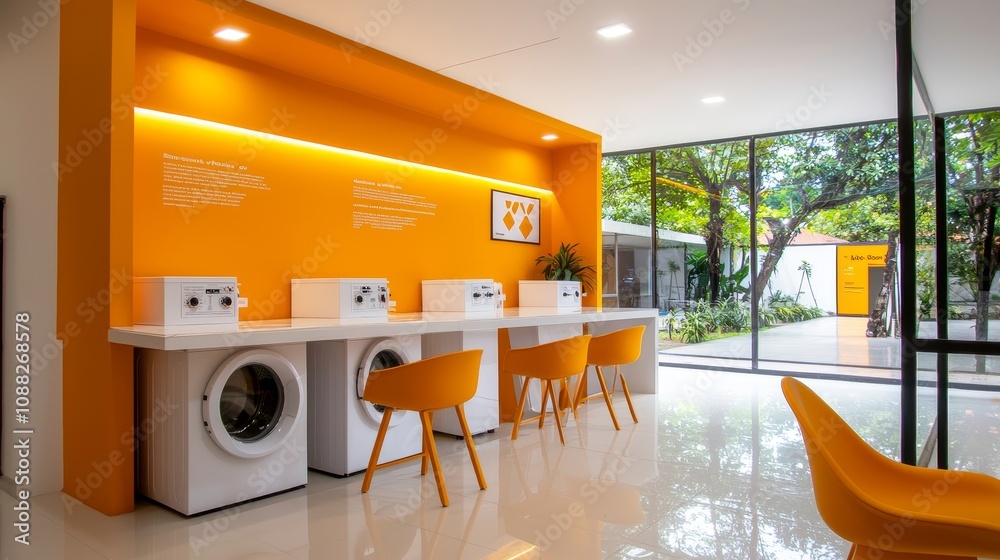 Vibrant washing area in a hostel, featuring modern front-loaders and ...