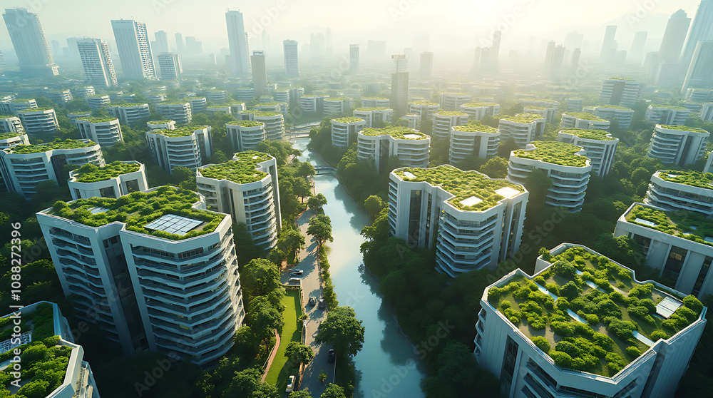 A sustainable business district with eco-friendly buildings, solar ...