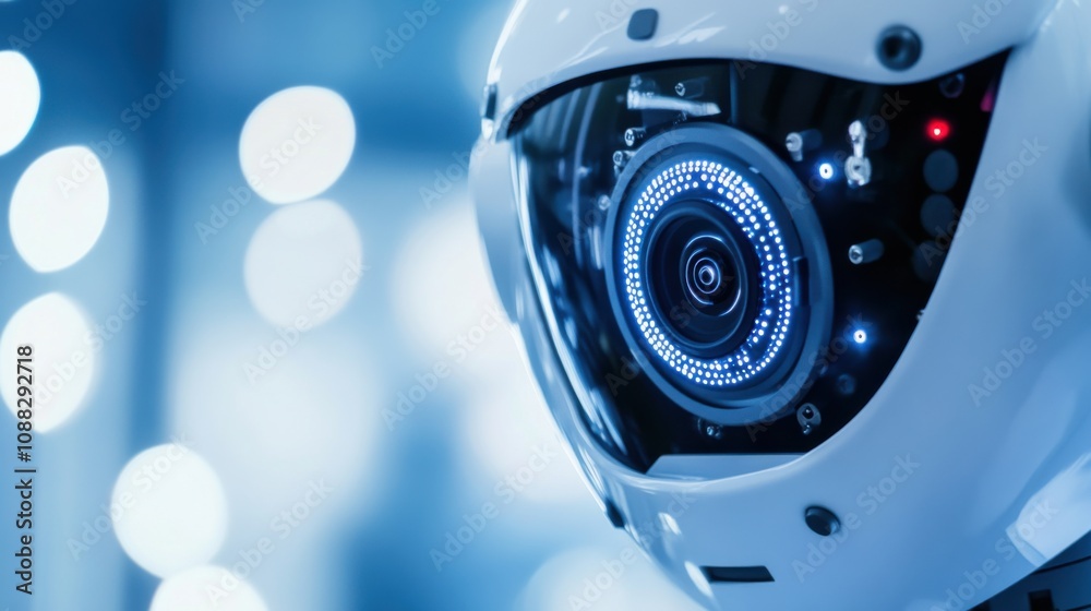 An extreme close-up of a humanoid robot's facial recognition camera ...