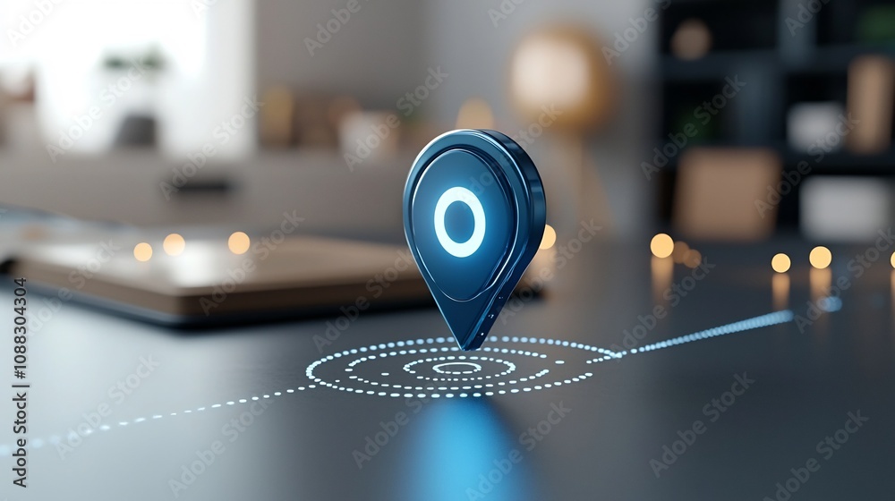 Futuristic blue digital location marker with a dotted line path ...