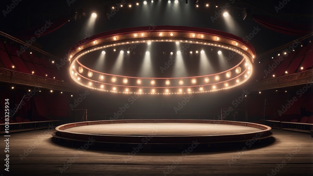 Circular stage lights illuminate an empty, moody circus ring, creating ...