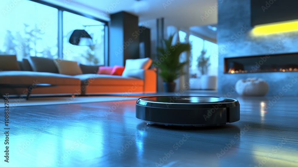 Robot vacuum navigating a sleek contemporary living room with a modern ...