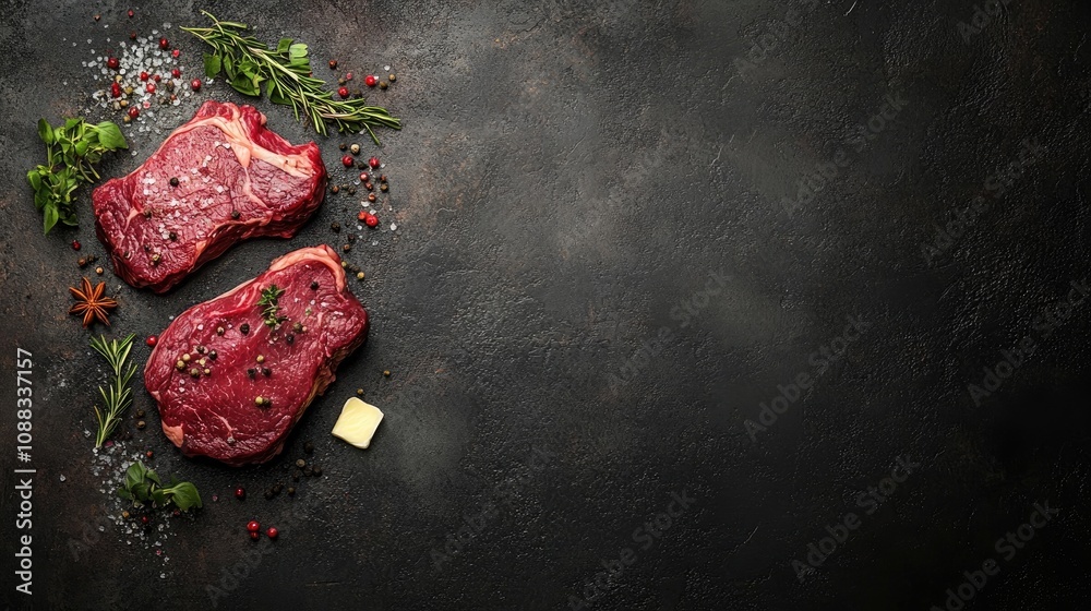 Marbled beef ribeye steaks accompanied by butter, spices, and fresh ...