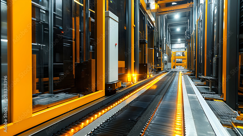 Illuminated Automated Conveyor System in a Modern Warehouse: High-tech ...