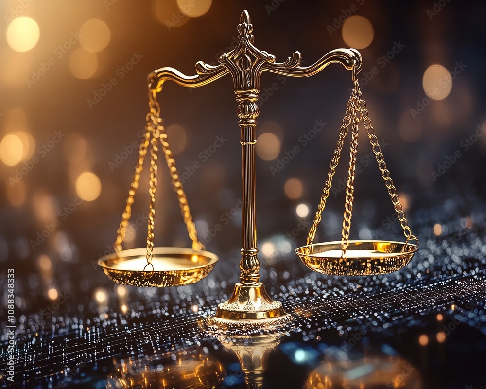 Golden balance scale floating within a futuristic digital landscape ...